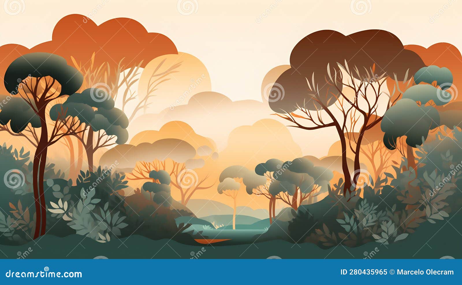 Illustrative Drawing of a Landscape with Forest and Tall Trees ...