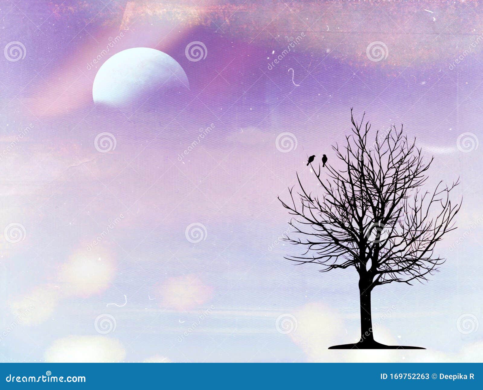 An Illustrative Image of a Beautiful Half Moon and a Tree. Stock ...