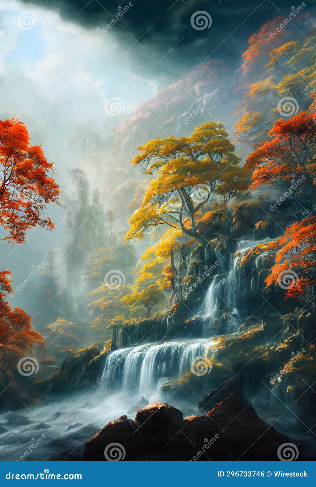Illustrative Painting of an Imaginary Forest with a Waterfall ...