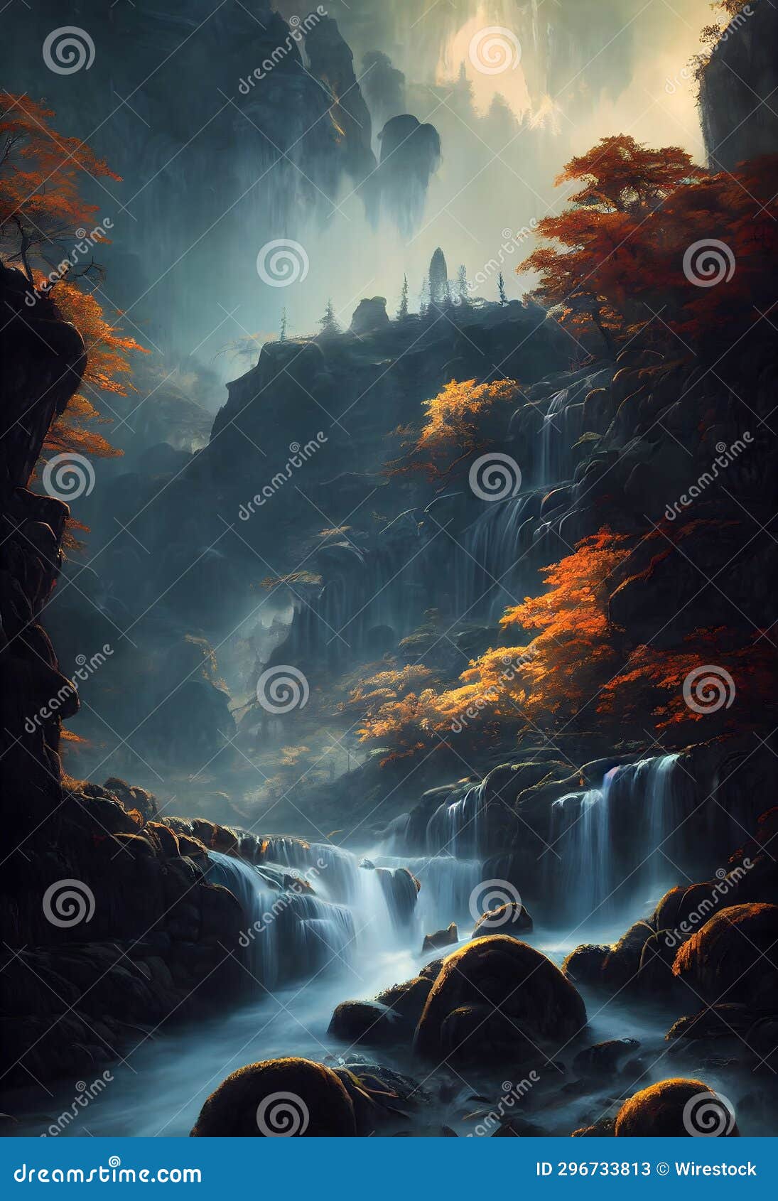 Illustrative Painting of an Imaginary Forest with a Waterfall ...