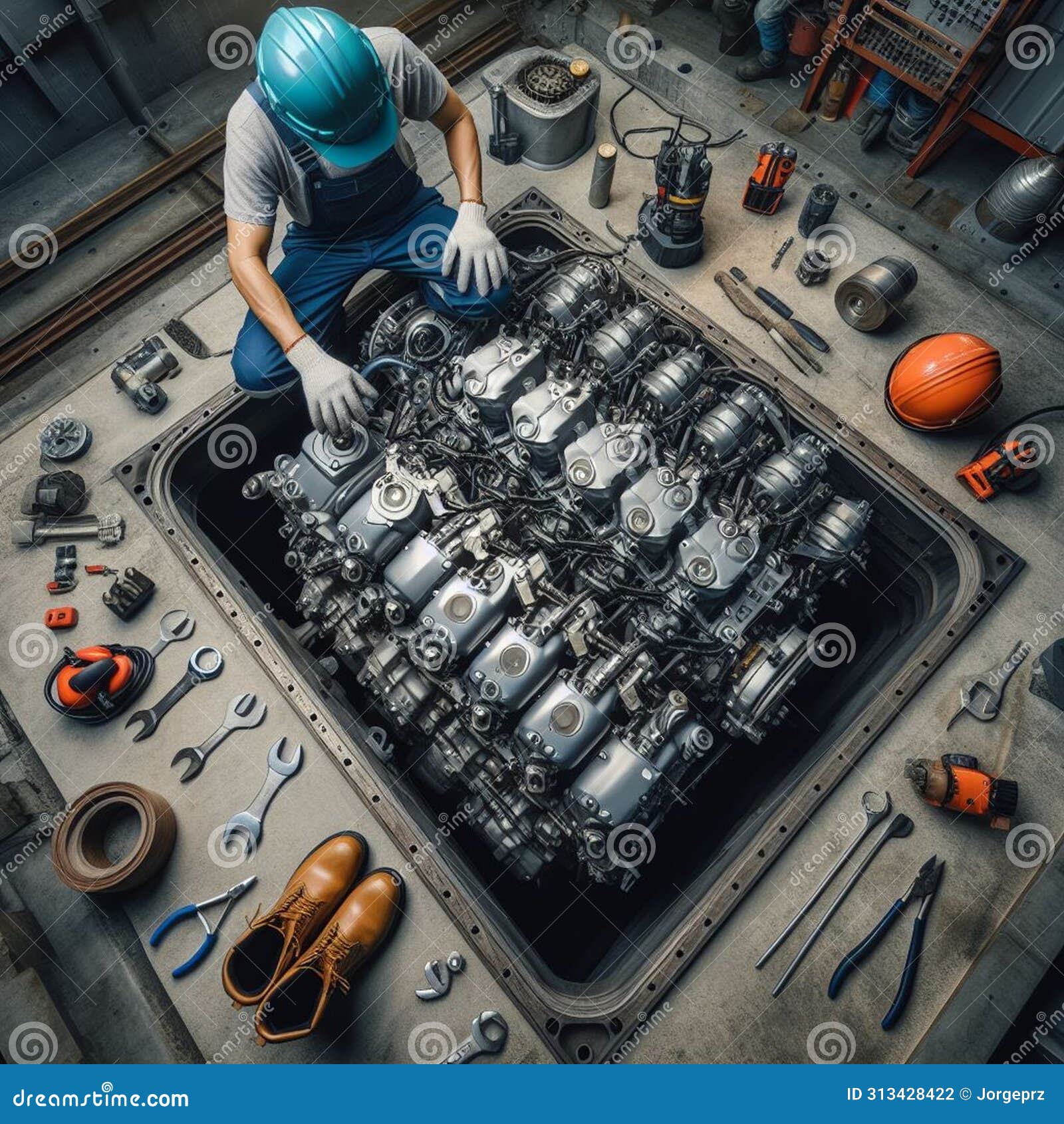 Heavy Industry Inside: Working on an Internal Combustion Engine. Stock ...