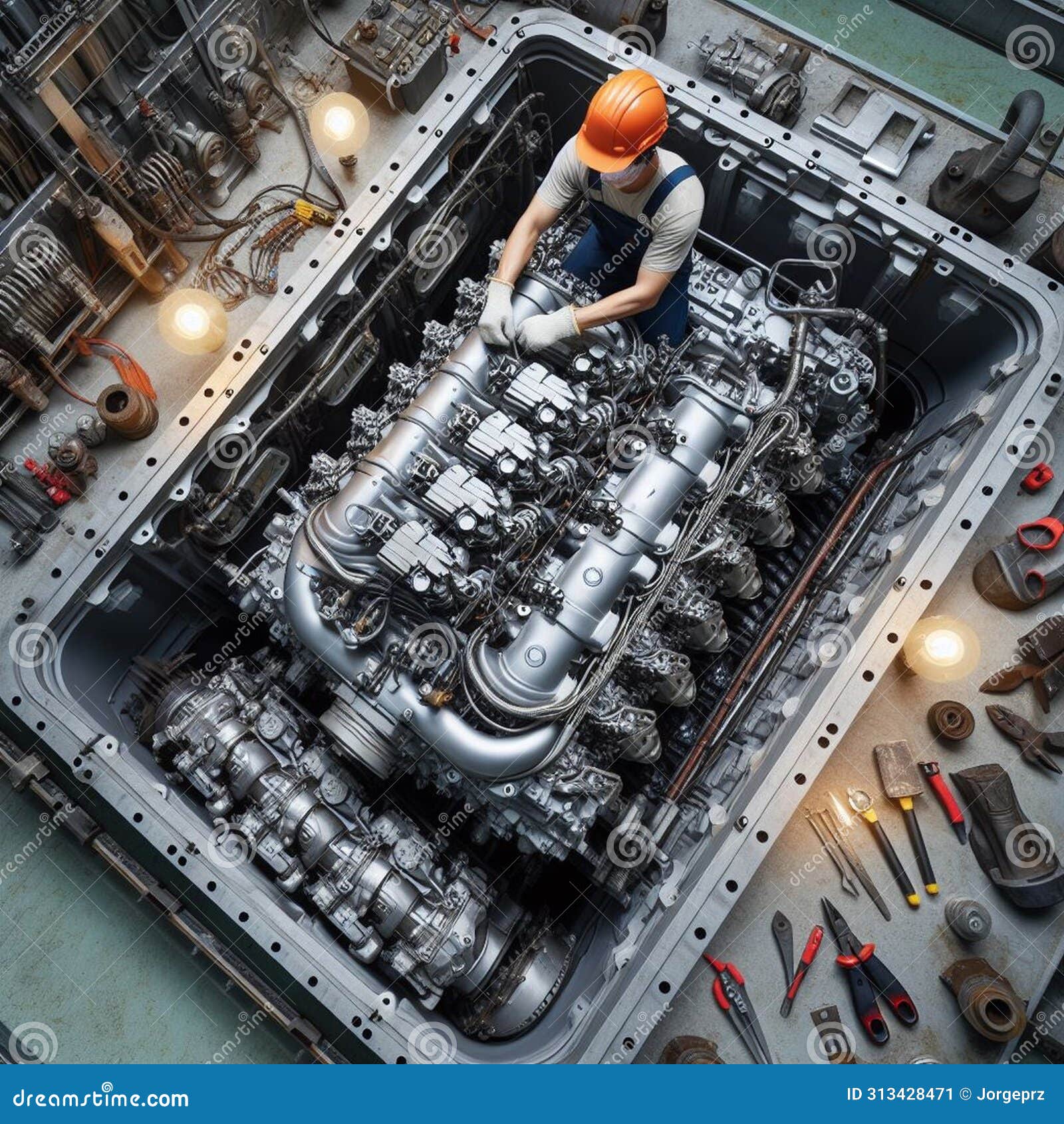 Heavy Industry Inside: Working on an Internal Combustion Engine. Stock ...