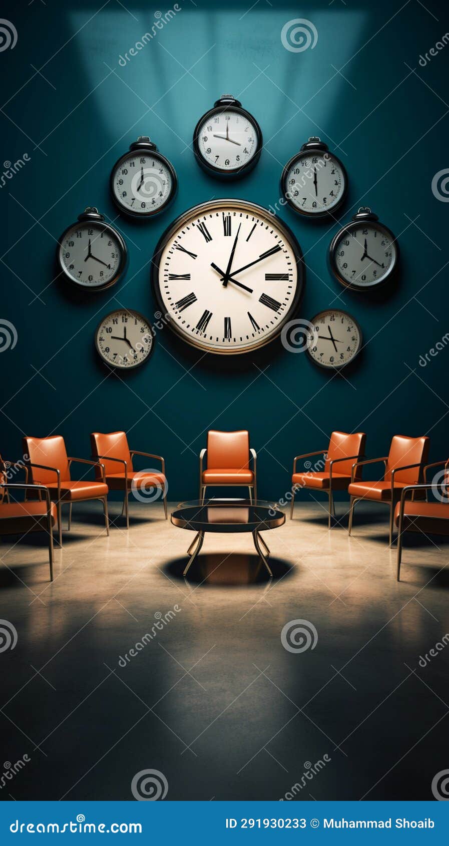 Illustrative Rendering Features Chairs And Clock, Forming A Harmonious ...