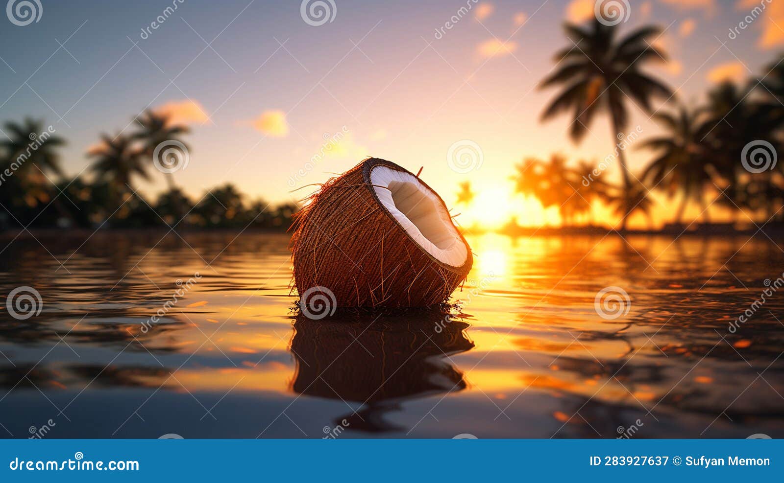 Broken Coconut Swimming in Water Against Sunset, World Coconut Day ...