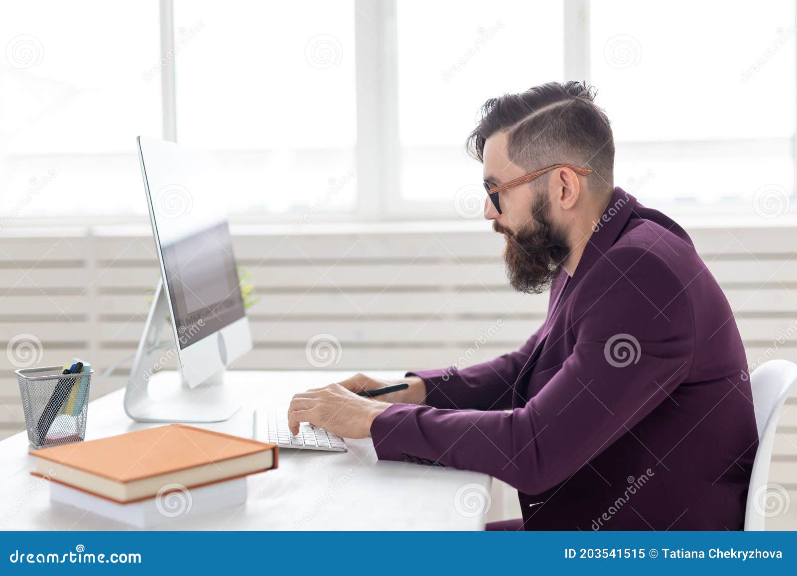 Illustrator, Designer and Technology Concept - Side View Handsome Man ...