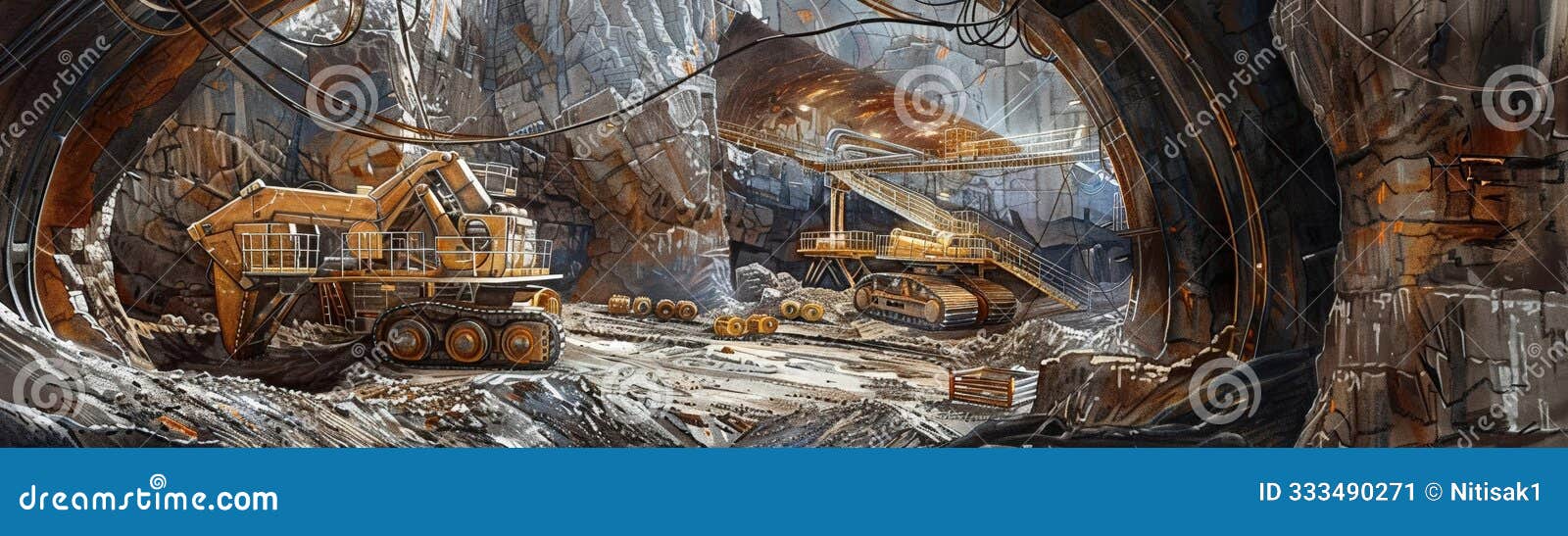 Illustrator Drawing of an Underground Mining Operation Highlighting the ...