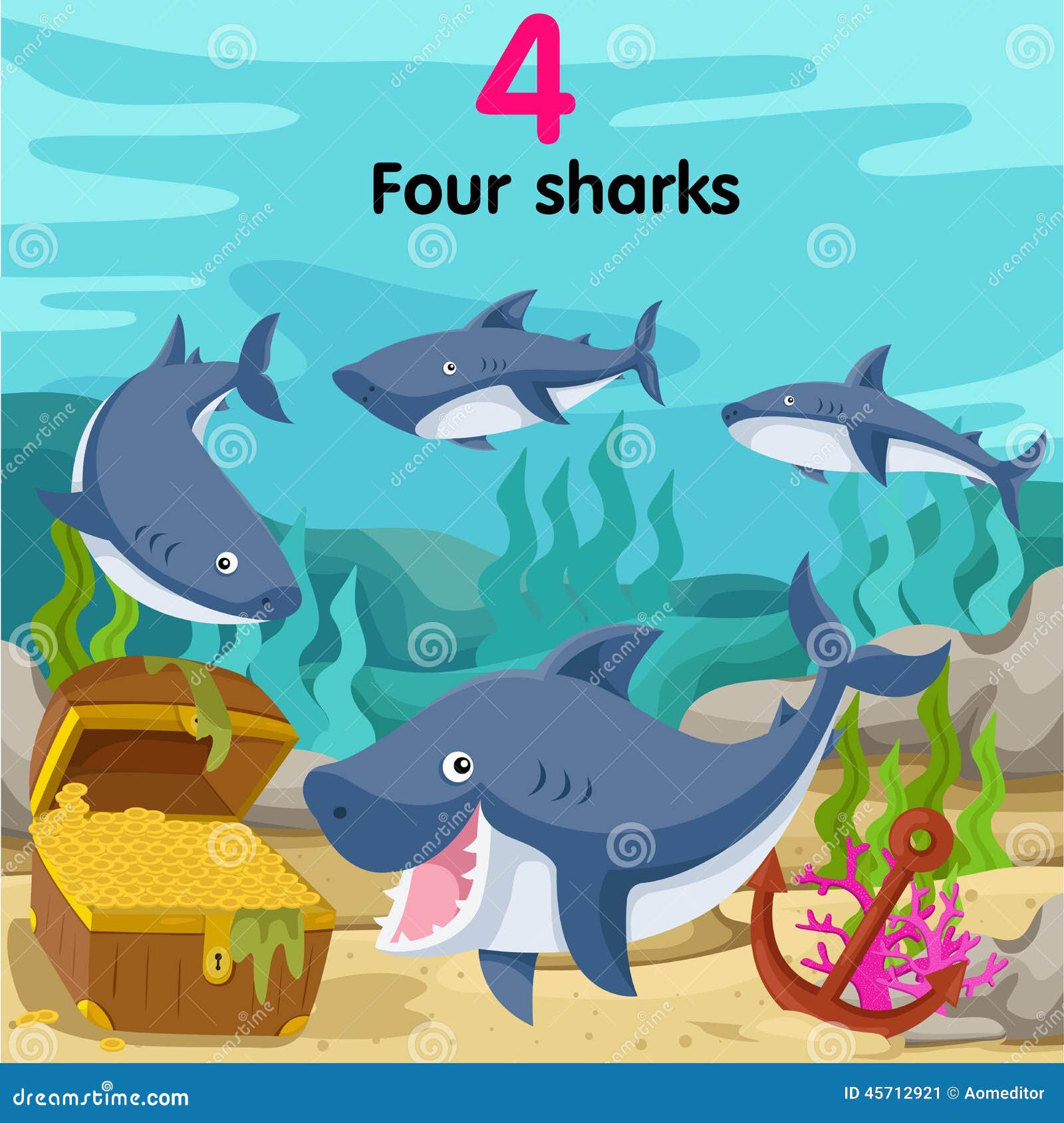 Illustrator of Number with Four Sharks Stock Vector - Illustration of ...