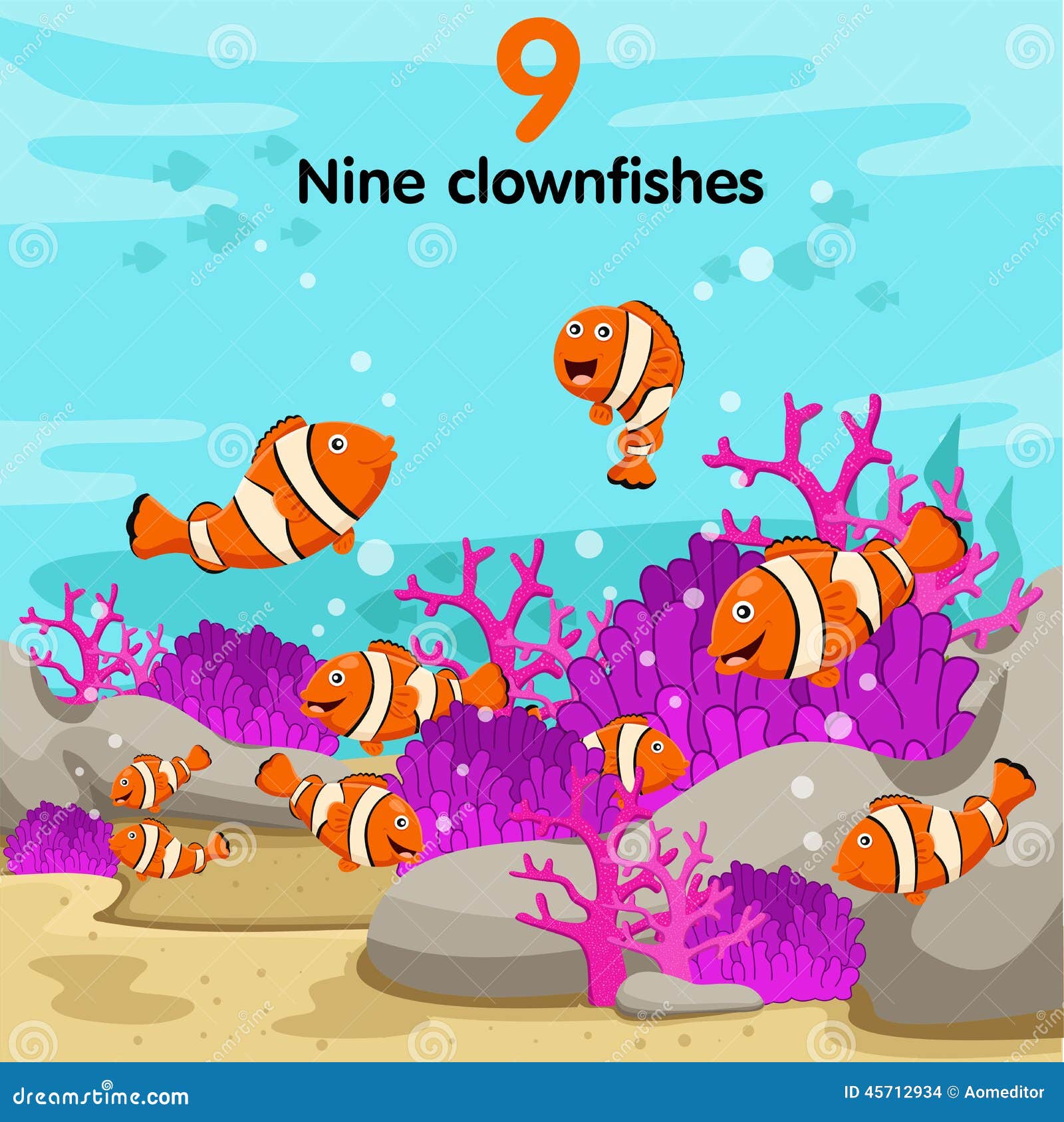 Illustrator of Number with Nine Clown Fish Stock Vector - Illustration ...