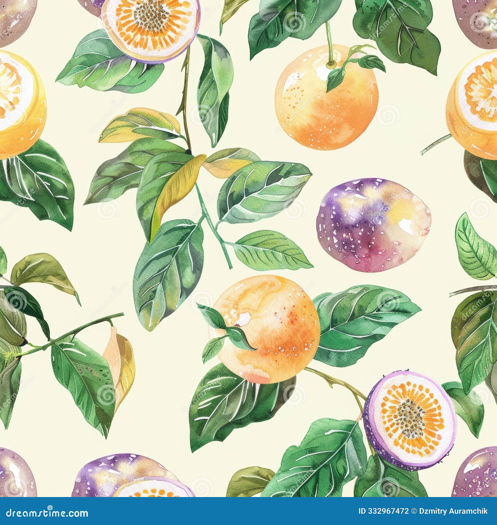 An Illustrator S Hand Drawn Watercolor of Passion Fruit in a Seamless Pattern Stock Photo ...