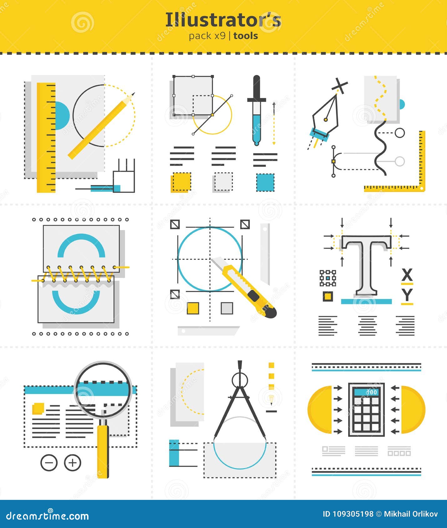 Isolated Illustrator`s Tools To Use in Work Icons. Vector Multi Colored ...