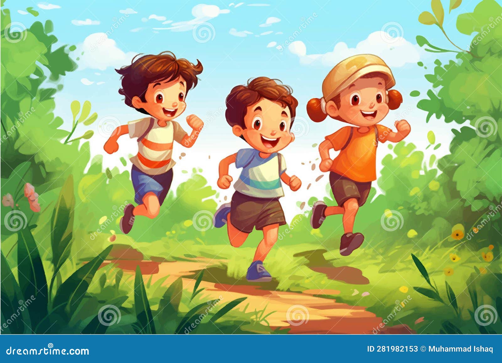 Vector Illustration of Merry Children Hurry on a Path Stock ...