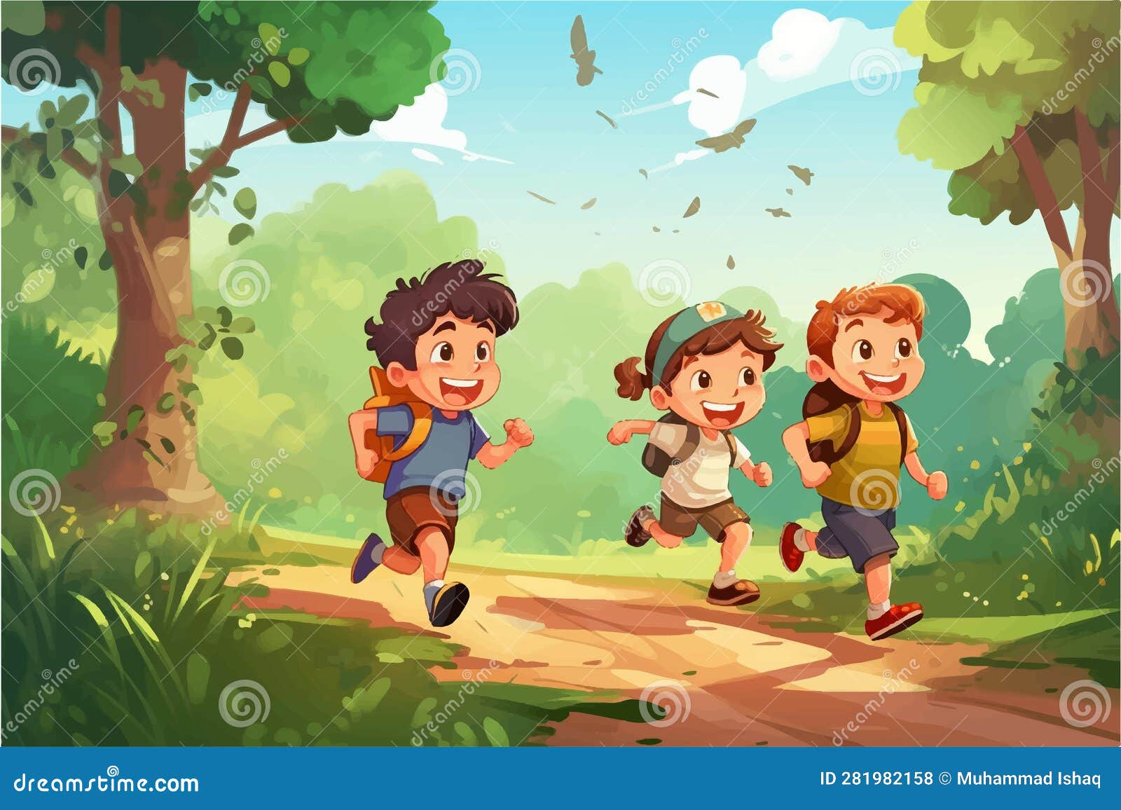 Vector Illustration of Merry Children Hurry on a Path Stock Vector ...
