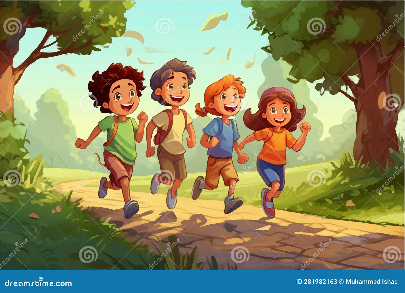 Vector Illustration of Merry Children Hurry on a Path Stock Vector ...