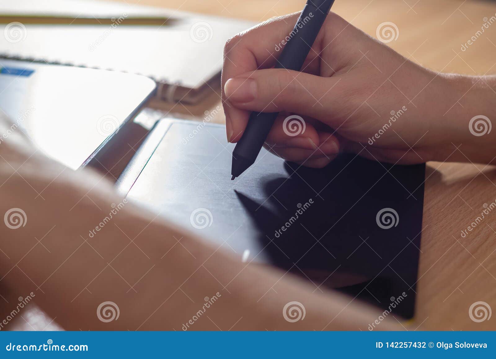 Illustrator Using a Graphics Tablet. Woman`s Retoucher`s Hands Using ...