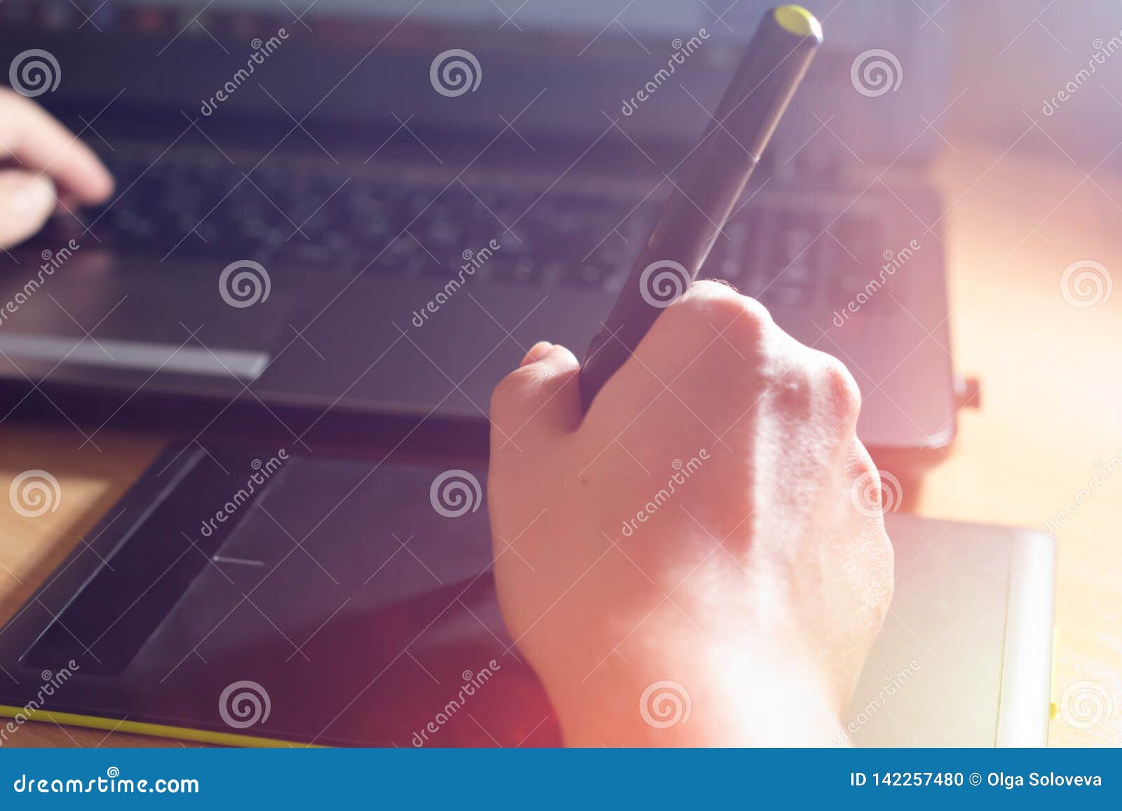 Illustrator Using a Graphics Tablet. Woman`s Retoucher`s Hands Using ...