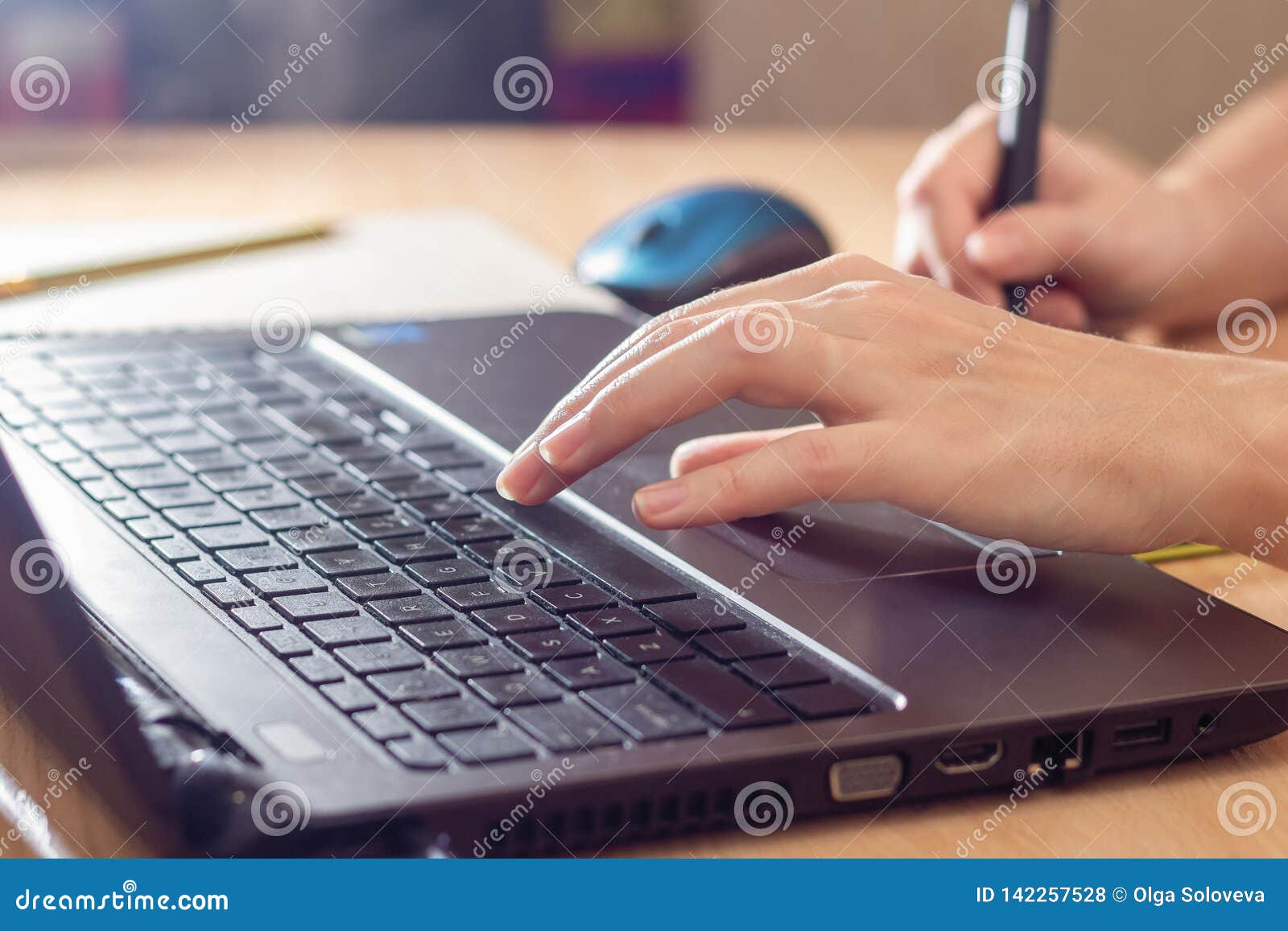 Illustrator Using a Graphics Tablet. Woman`s Retoucher`s Hands Using ...
