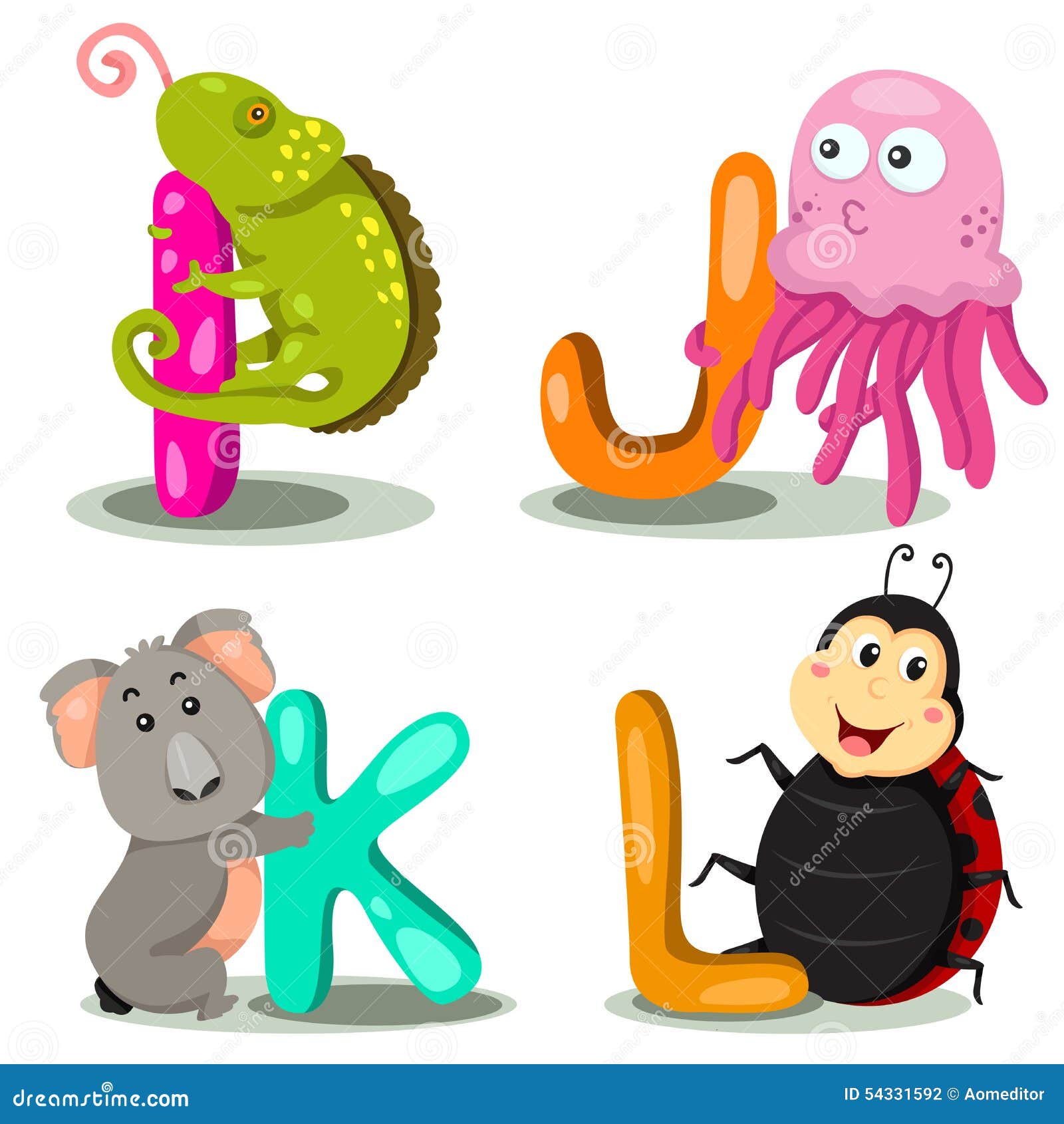 Illustratoralphabet Tier-BUCHSTABE - I, J, K, L Vektor Abbildung ...