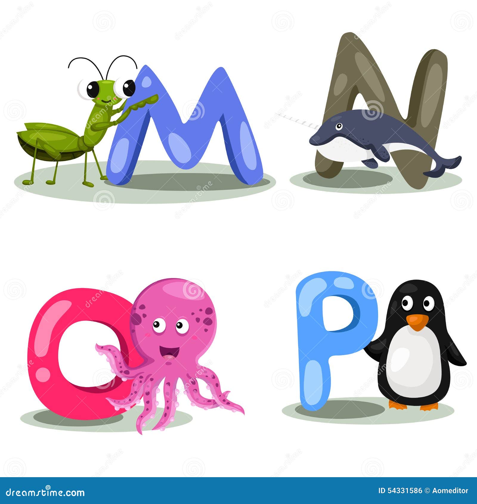 Illustratoralphabet Tier-BUCHSTABE - M, N, O, P Vektor Abbildung ...