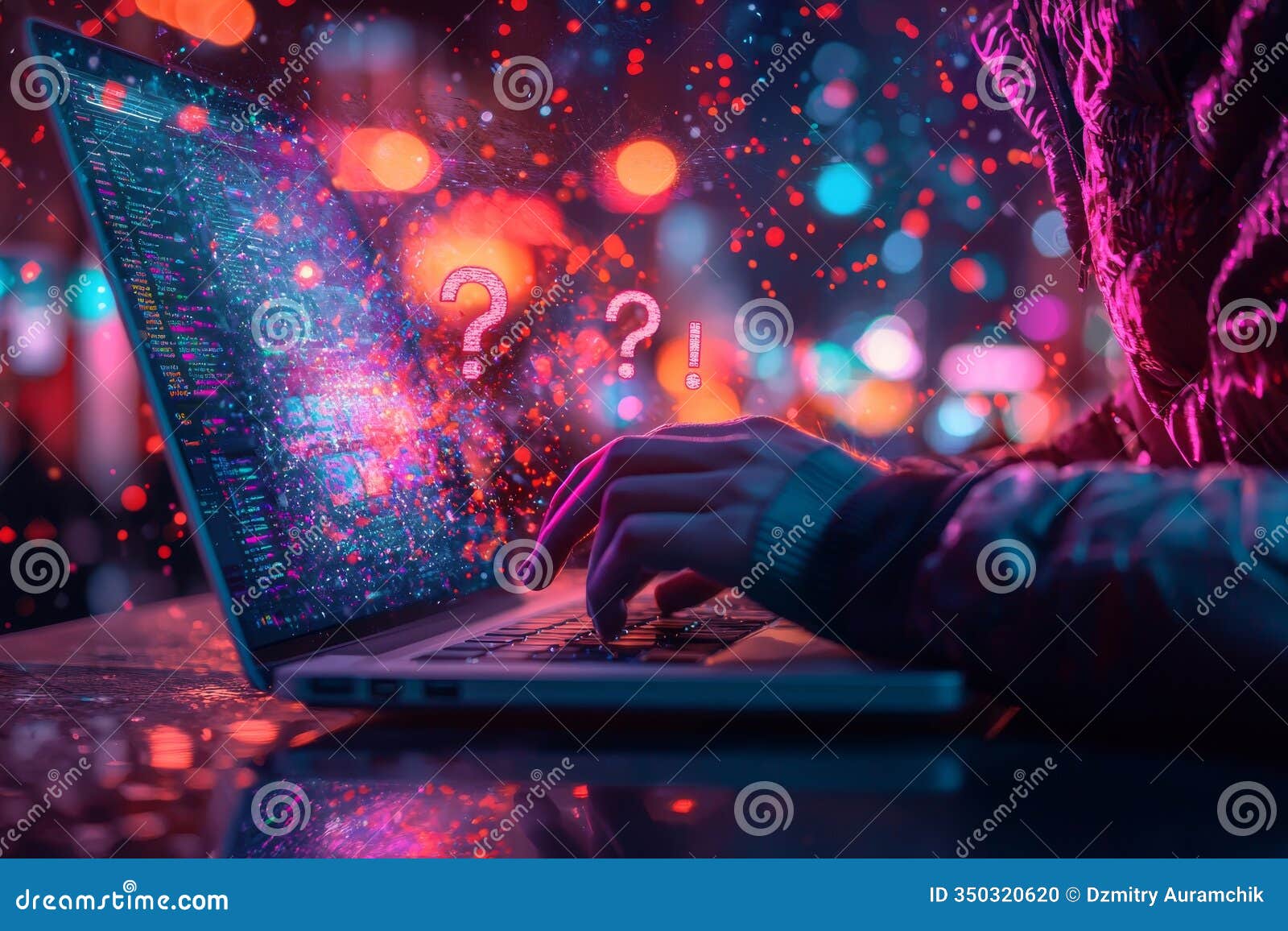 The Image Above Shows a Person Typing on a Laptop with Question Marks ...