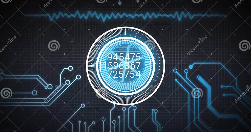 Image of Abstract Pattern in Circles, Multiple Numbers Over Soundwave and Circuit Board Pattern ...