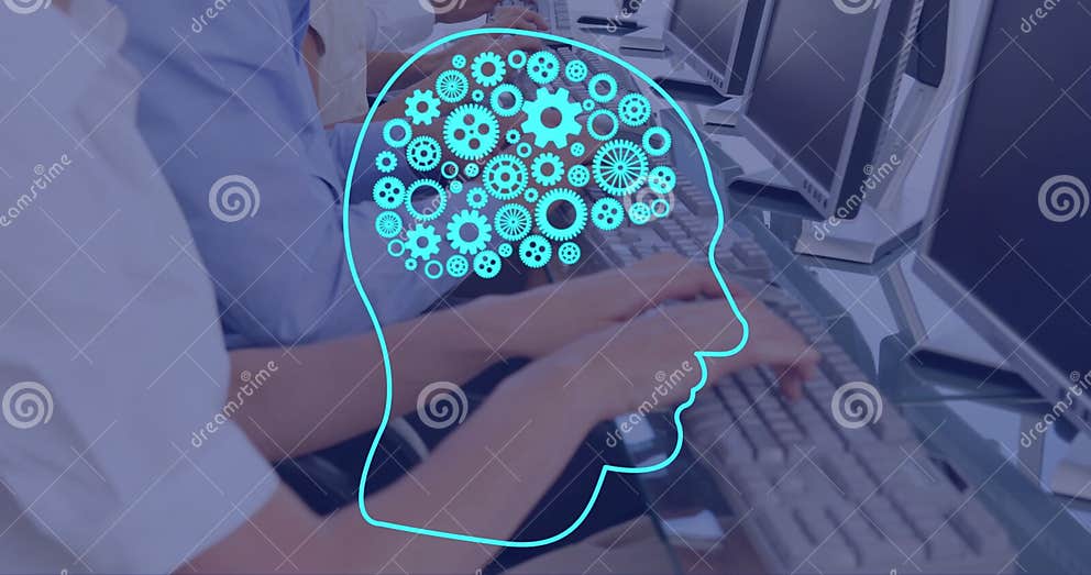 Image of Ai Brain with Cogs Over Diverse People Using Computers Stock ...