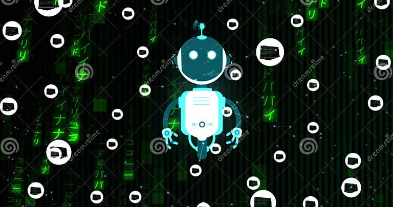 Image of Ai Chat Bot and Icons Over Binary Coding on Black Background Stock Illustration ...