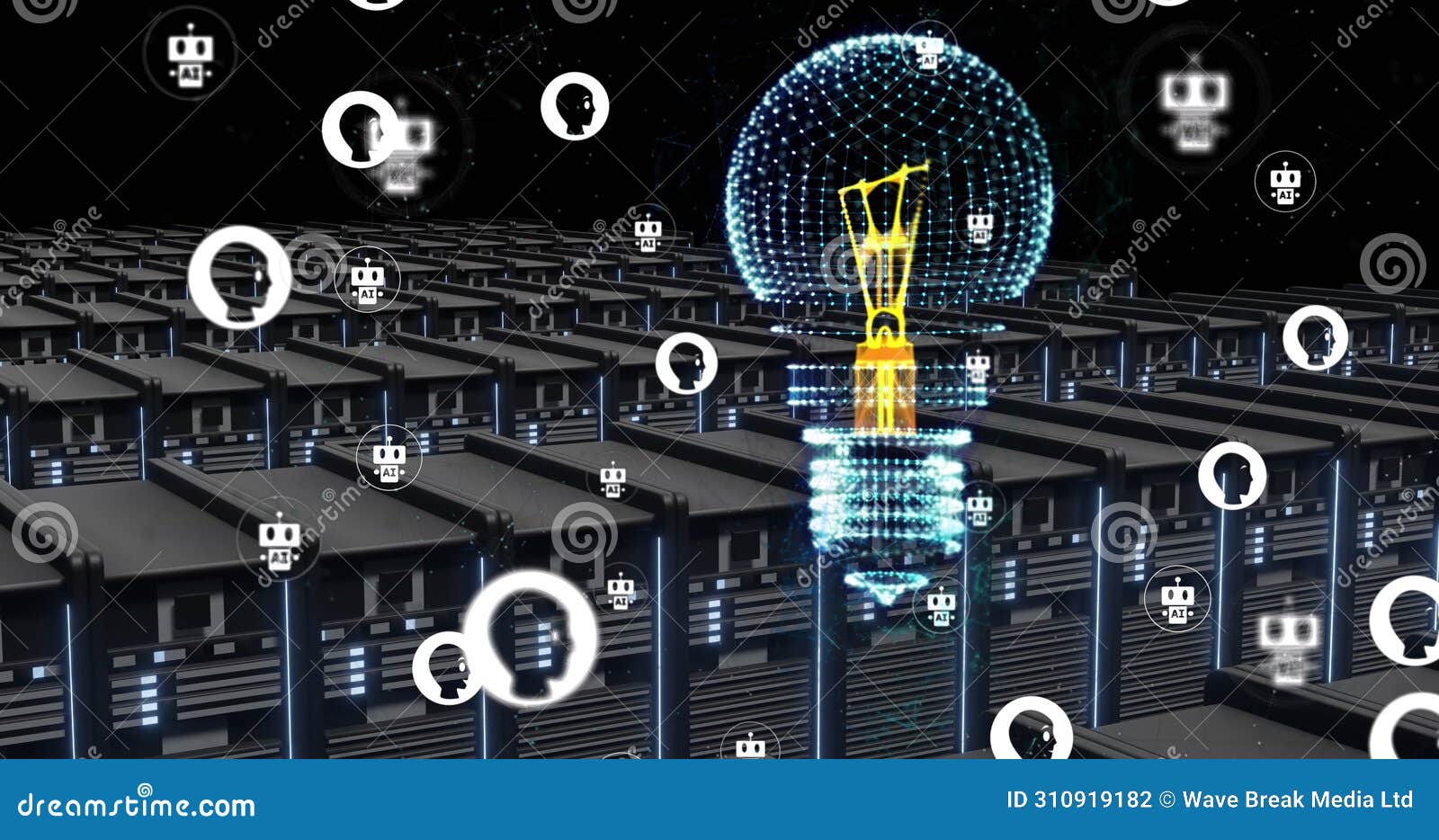 Image of Ai Chatbot Icons, Lightbulb Over Computer Servers Stock ...