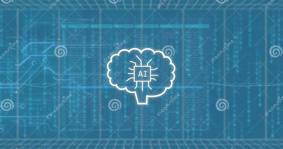 Image Of Ai Data Processing Over Binary Coding With Ai Icons Stock