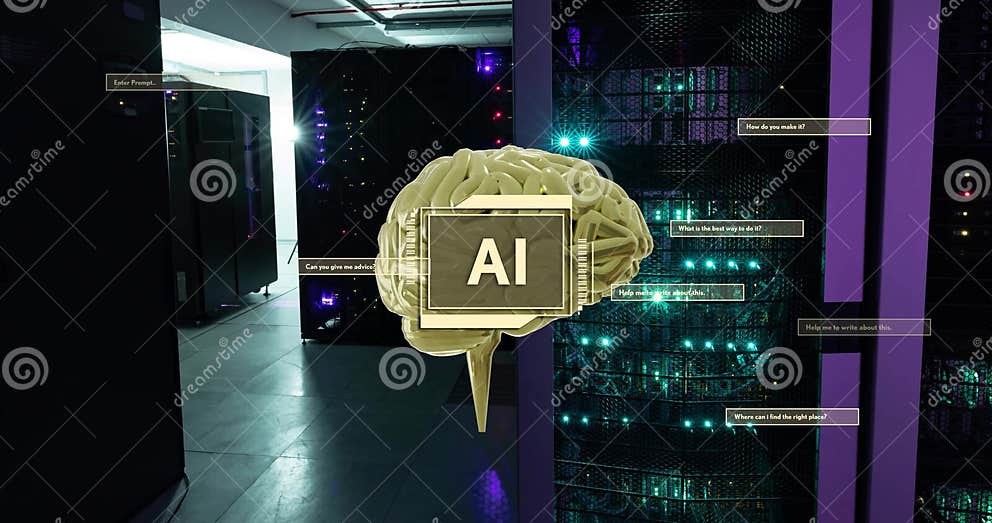 Image of Ai Text, Brain and Data Processing Over Computer Servers Stock Photo - Image of ...