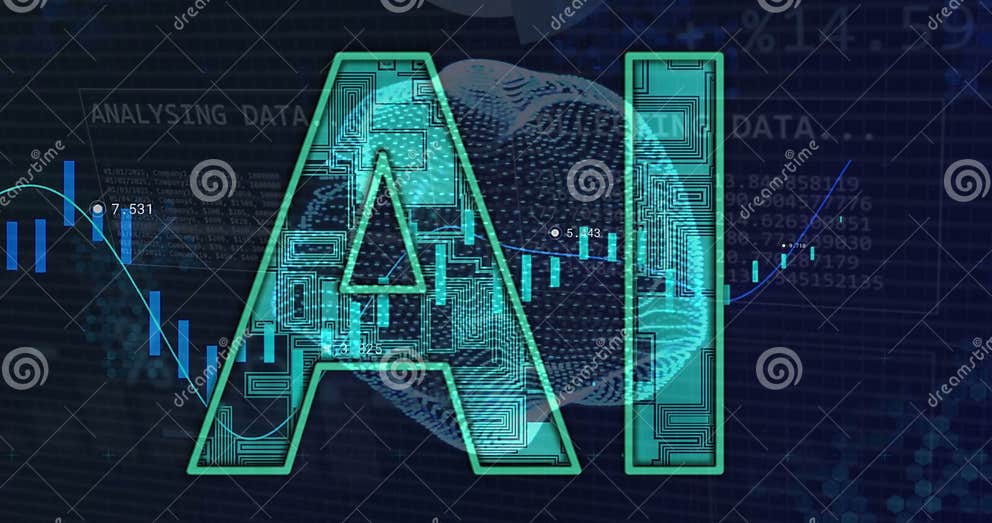 Image of Ai Text and Digital Data Processing Over Black Background ...