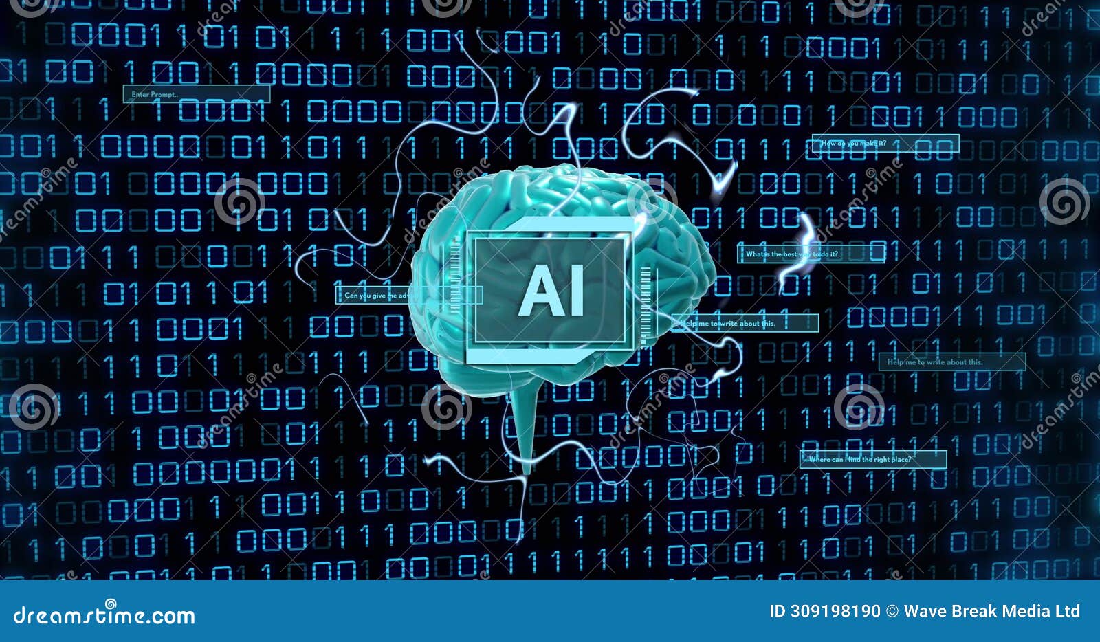 Image of Ai Text, Human Brain and Binary Coding Data Processing on Black Background Stock Photo ...