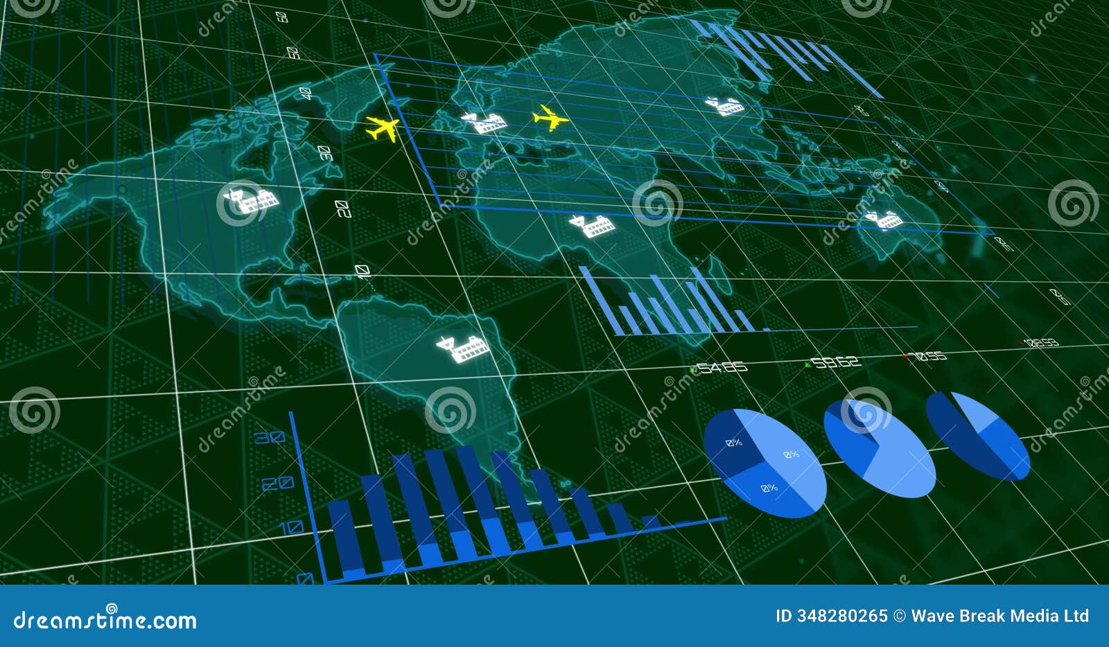 Image of, Airplane Icons and Bar Graphs Over World Map, Representing ...