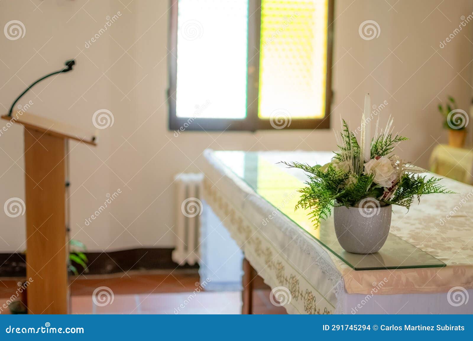 Altar of Church with Lectern and Microphone for Priest Speeches with ...