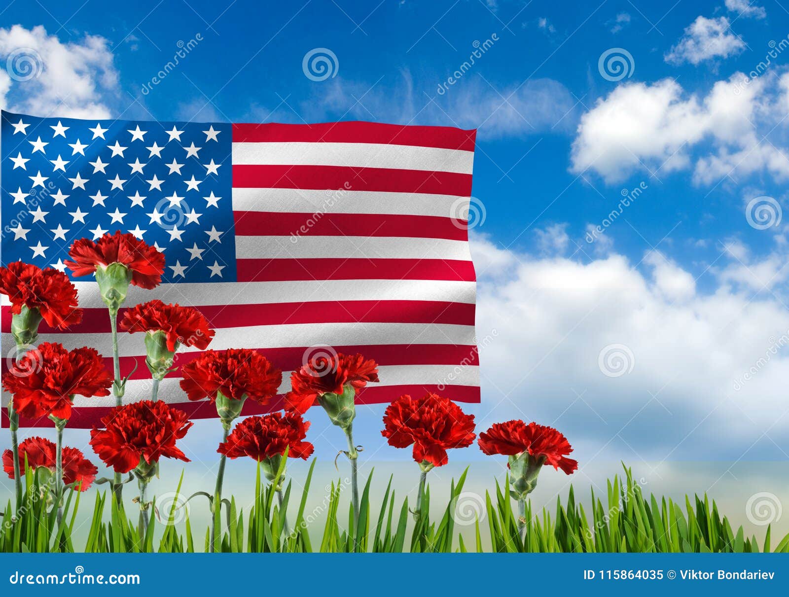 Image of American Flag and Flowers Closeup Stock Image - Image of ...