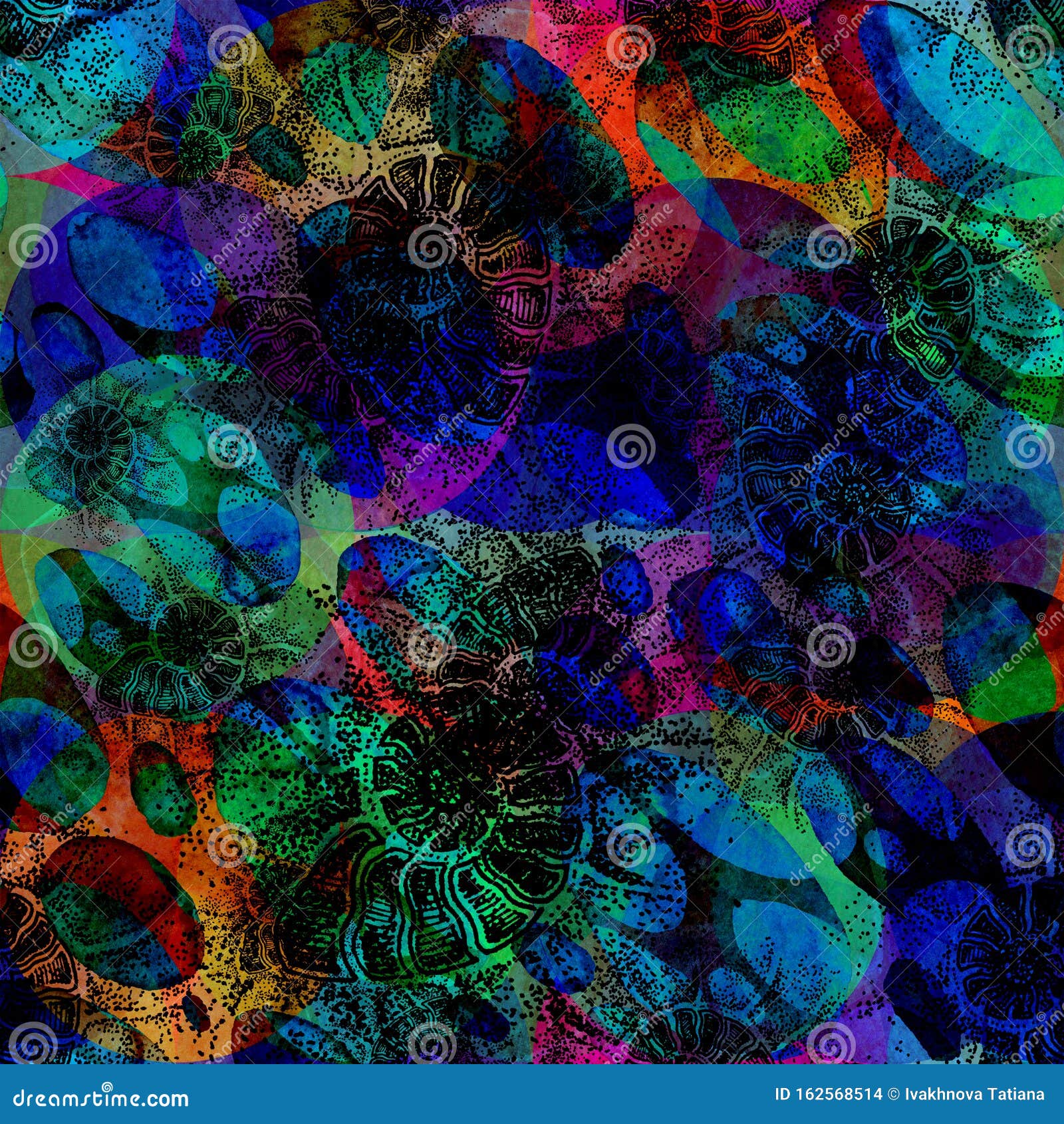 Image of Ammonite Shell on the Sand, Graphic Handwork. Seamless Pattern ...