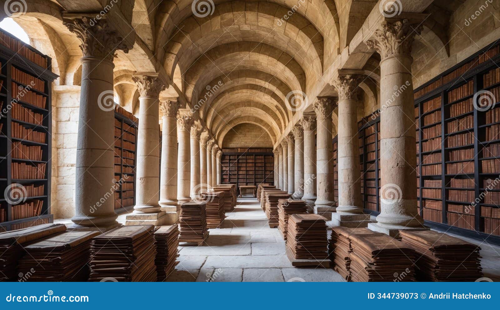 Image of an Ancient Library with Stone Pillars and Stacks of Scrolls ...