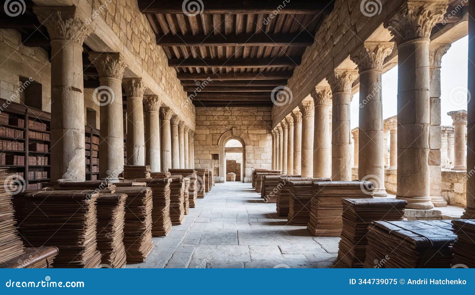Image of an Ancient Library with Stone Pillars and Stacks of Scrolls ...