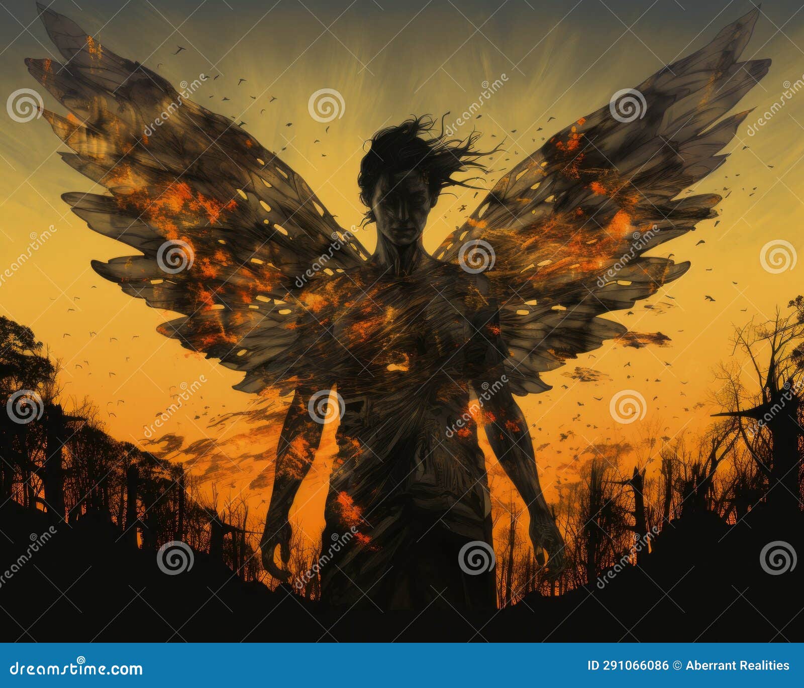 An Image of an Angel with Wings on Fire Stock Illustration ...