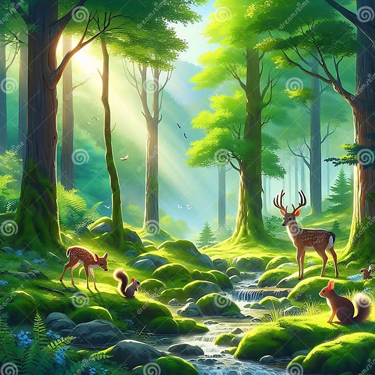 A Lively Forest Scene with Deer, Squirrels, and Other Animals in an Animated Setting Stock ...