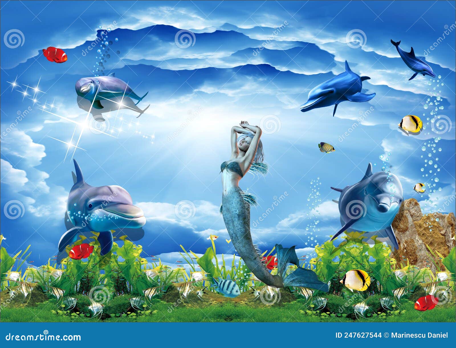 Aquatic Landscape with Mermaid Dolphins and Fish Stock Illustration ...
