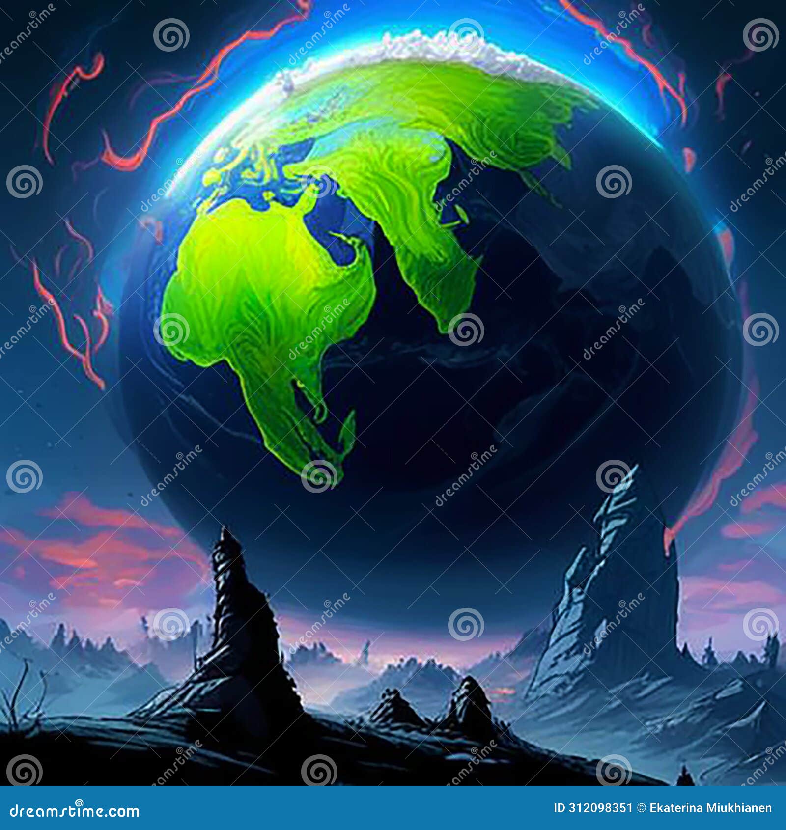Planet Earth Rising Over Rocks Stock Illustration - Illustration of ...