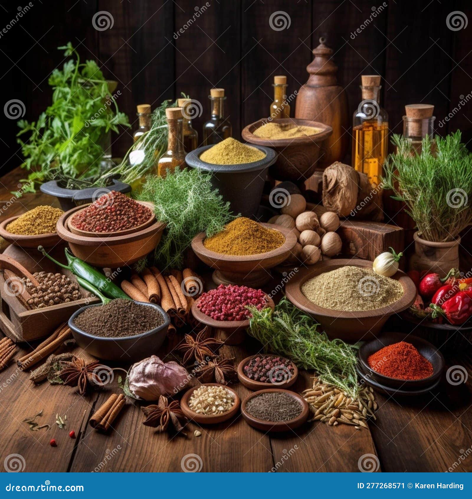 Culinary Spices on Wooden Table Stock Illustration - Illustration of ...
