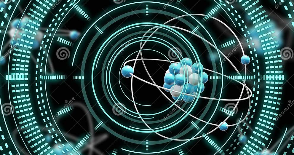 Image of Atom Model Spinning and Data Processing on Black Background Stock Photo - Image of ...