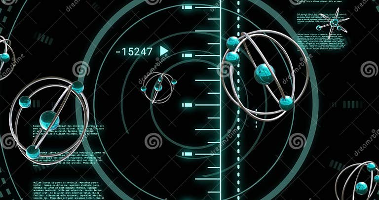 Image of Atom Model Spinning and Data Processing on Black Background Stock Photo - Image of ...