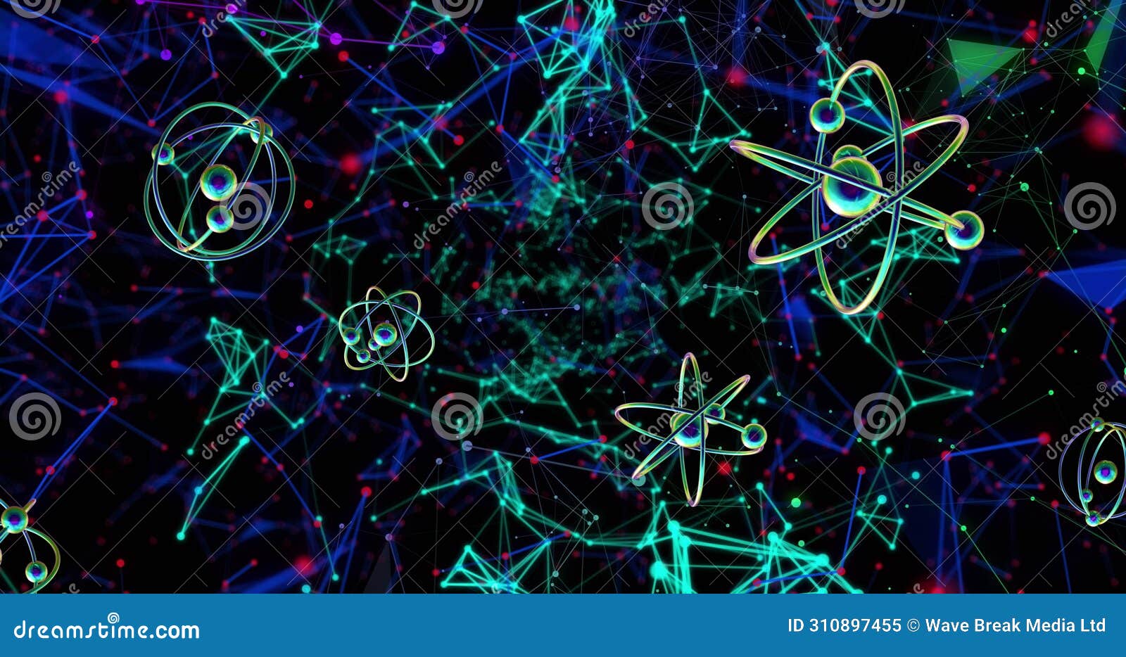 Image of Atom Models Spinning and Connections on Black Background Stock ...