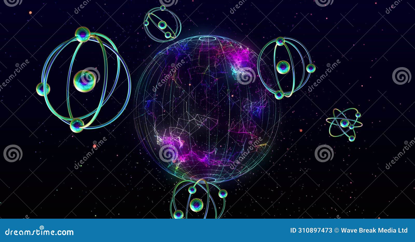 Image of Atom Models Spinning and Globeon Black Background Stock ...