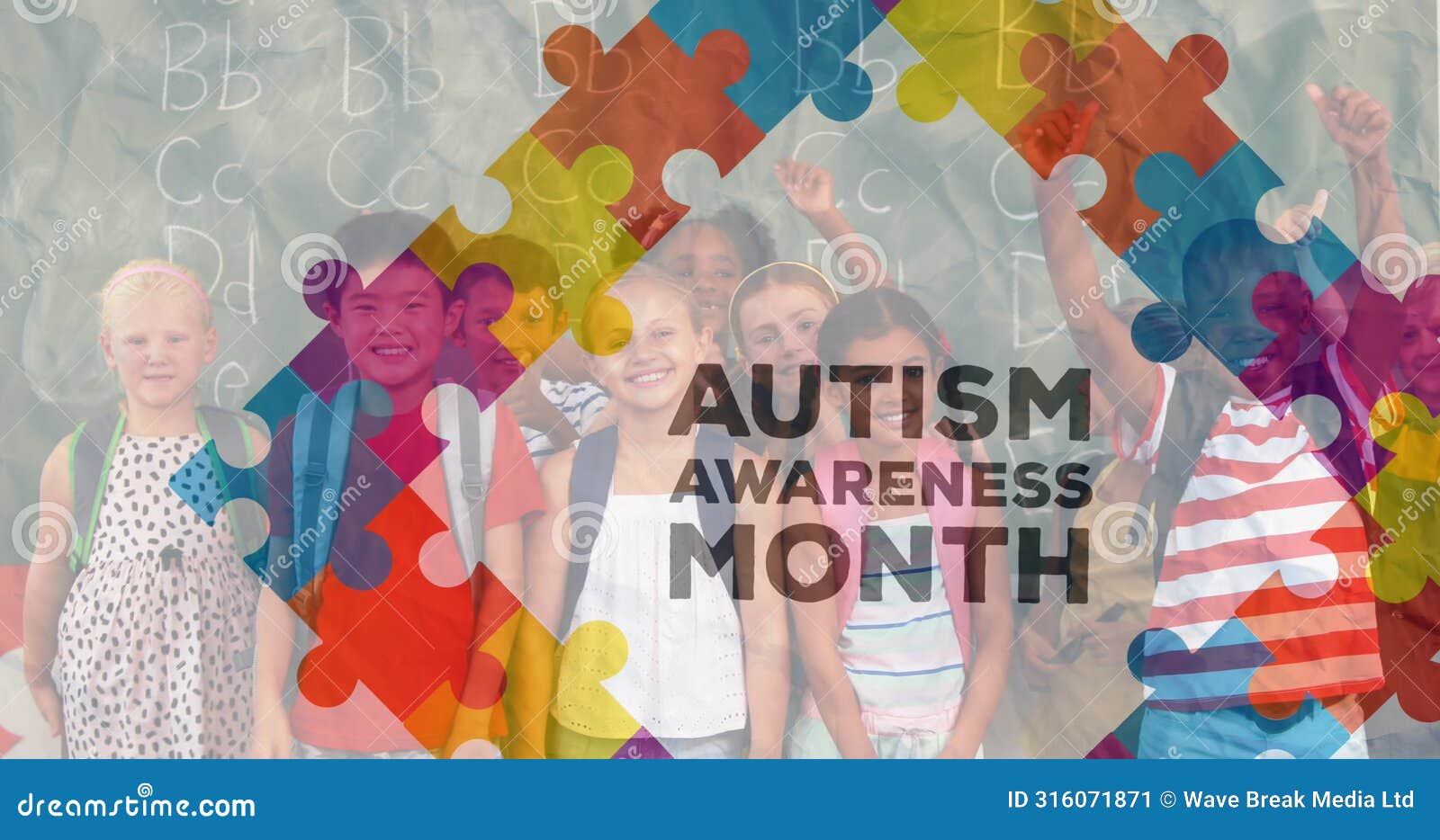 Image of Autism Awareness Month Text with Frame Formed with Puzzles and ...
