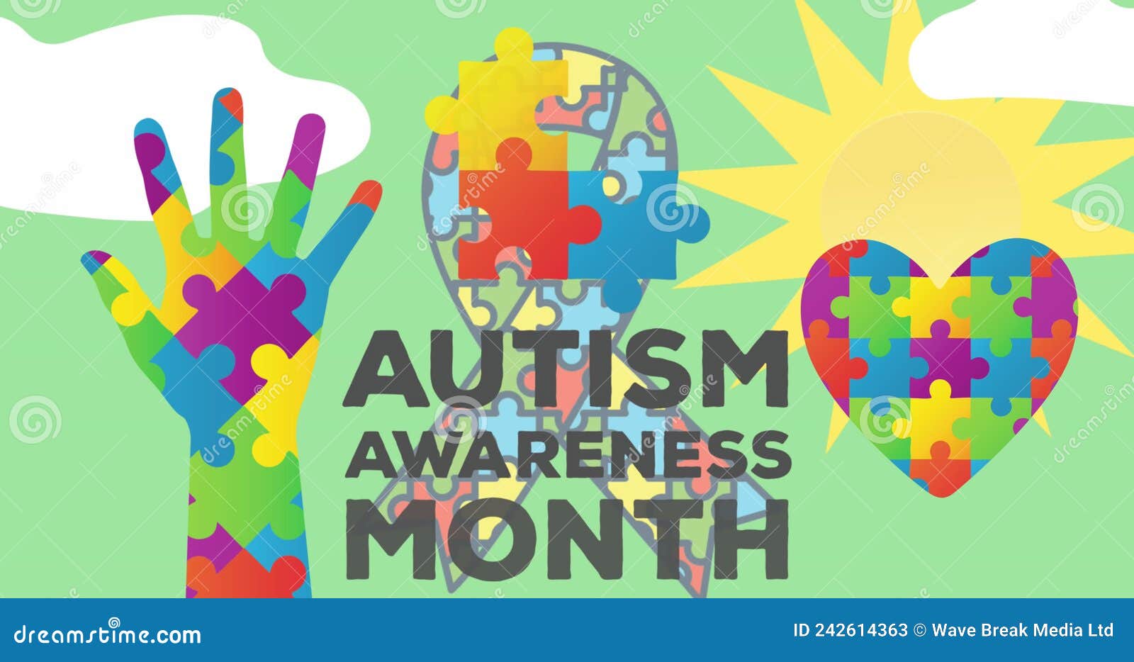 Image of Autism Awareness Month Text Over Puzzle and Sun Stock ...