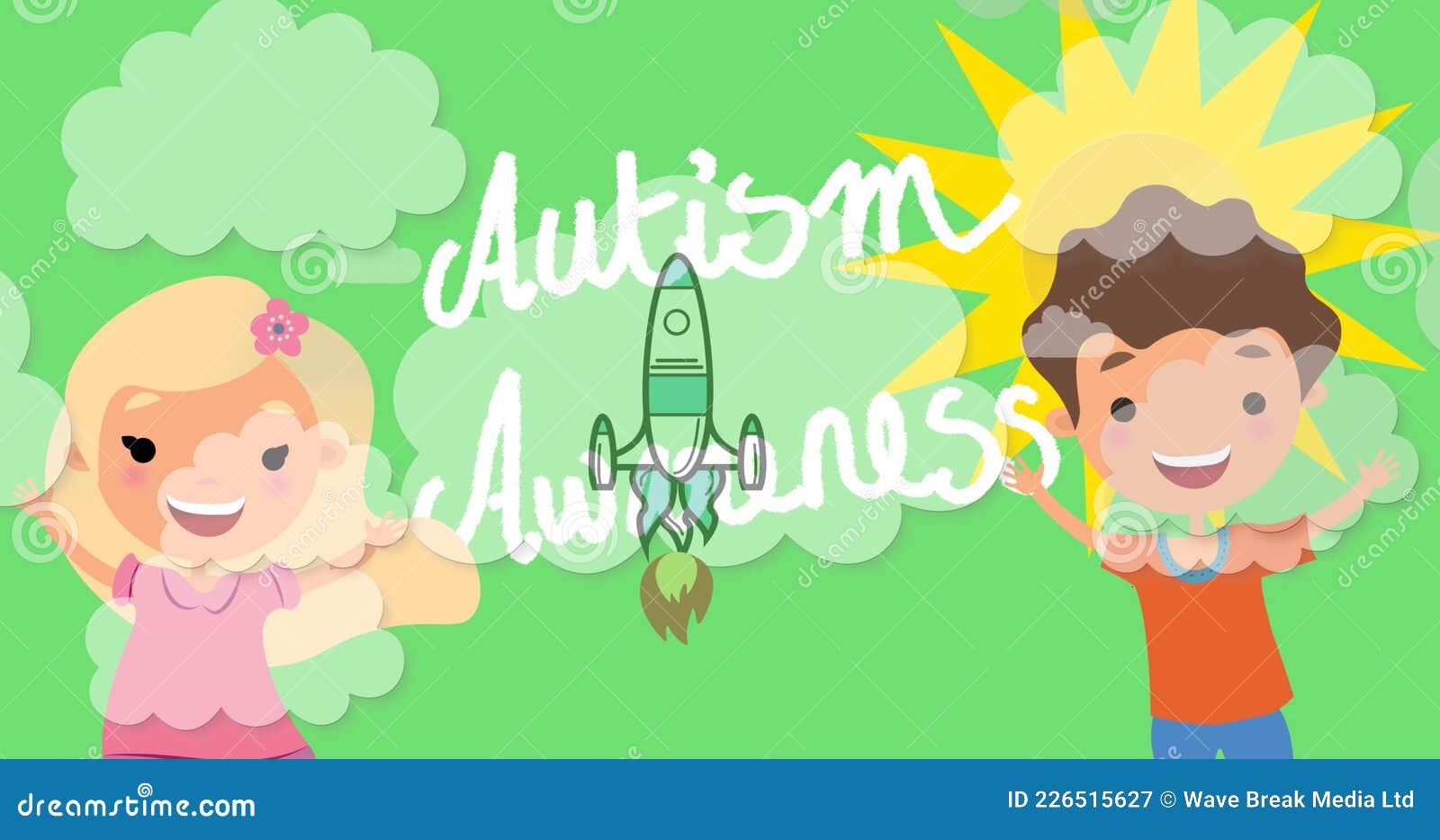 Image of Autism Awareness Text with Happy Boy and Girl and Space Rocket ...