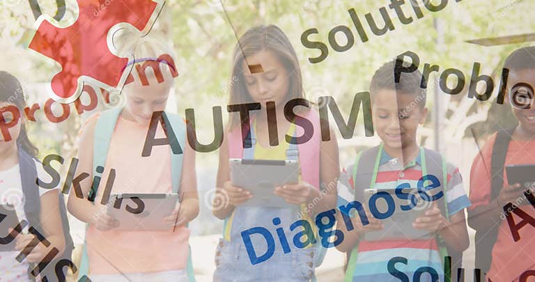Image of Autism Text Over Kids Friends Using Electronic Devices Stock ...